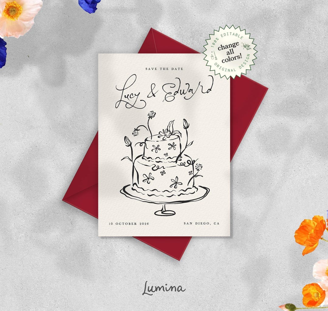 SAVE THE DATE Template, Whimsical Flower Cake, Vintage Handwritten ...