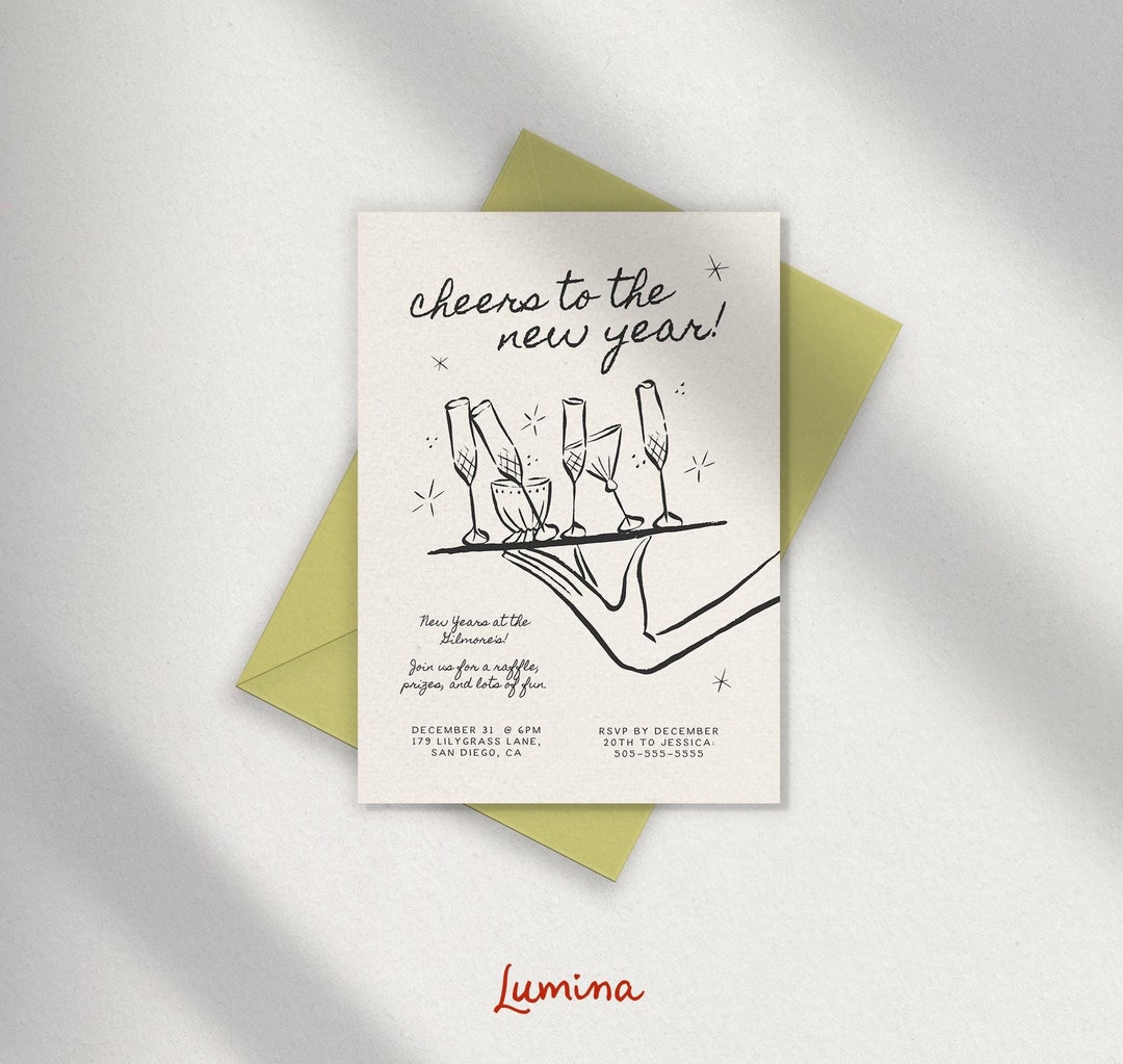 NYE PARTY INVITE Template, Illustrated New Years Eve Invitation, Hand ...