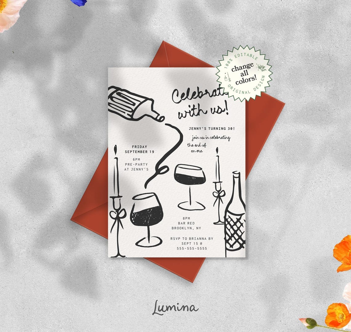 PARTY INVITATION TEMPLATE, Hand Drawn Birthday Invite, Funky Wine ...