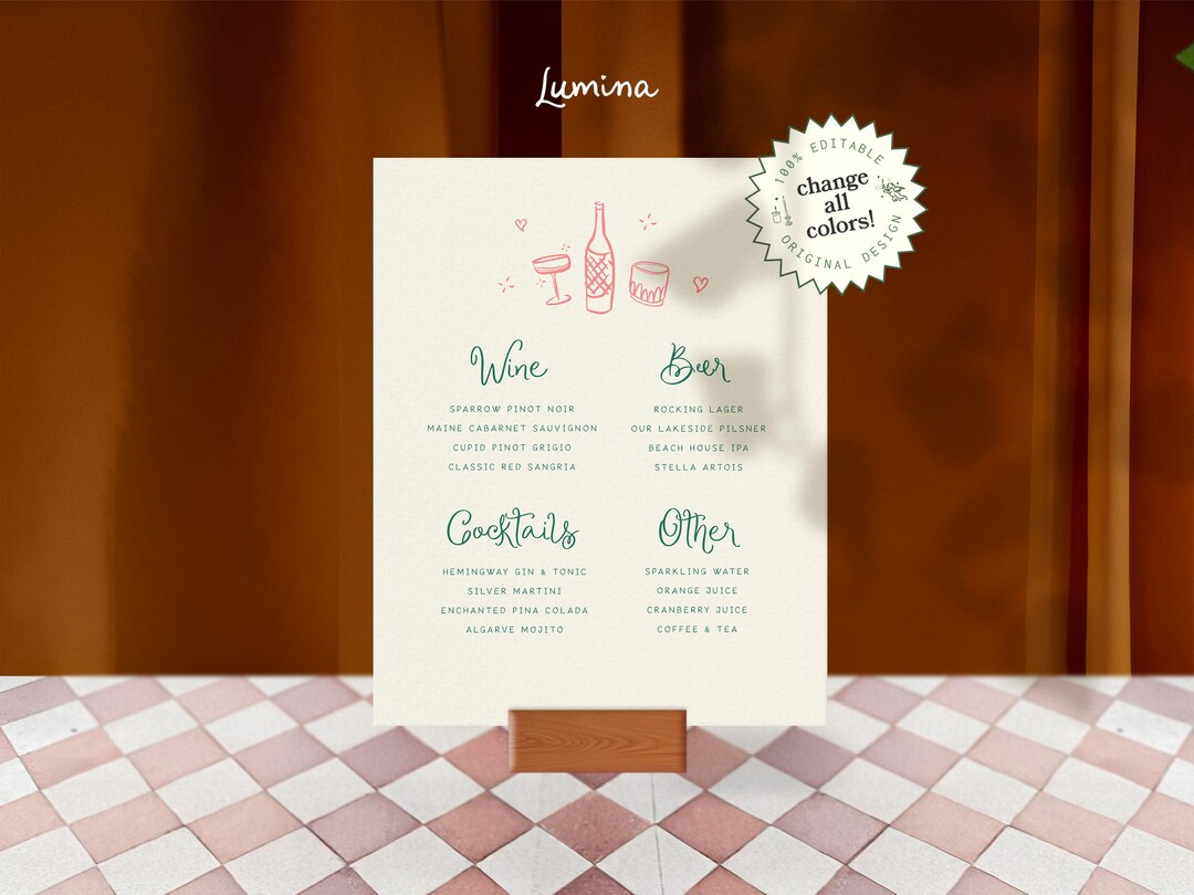 BAR & DRINKS MENU Template, Colorful Scribble Illustration, Wedding Cocktail Menu, Handwritten ...