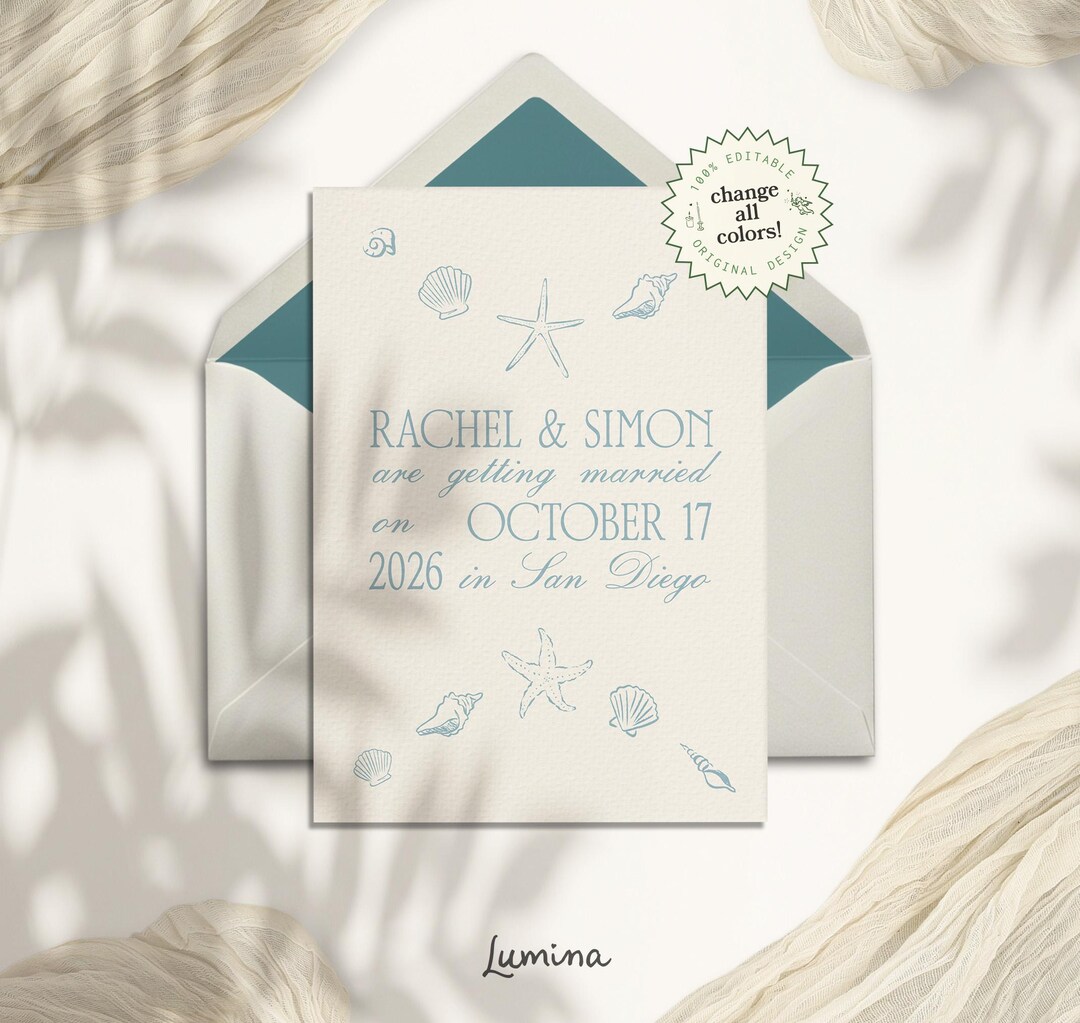 SAVE THE DATE Template, Chic Beach Wedding Invitation, Hand Drawn ...