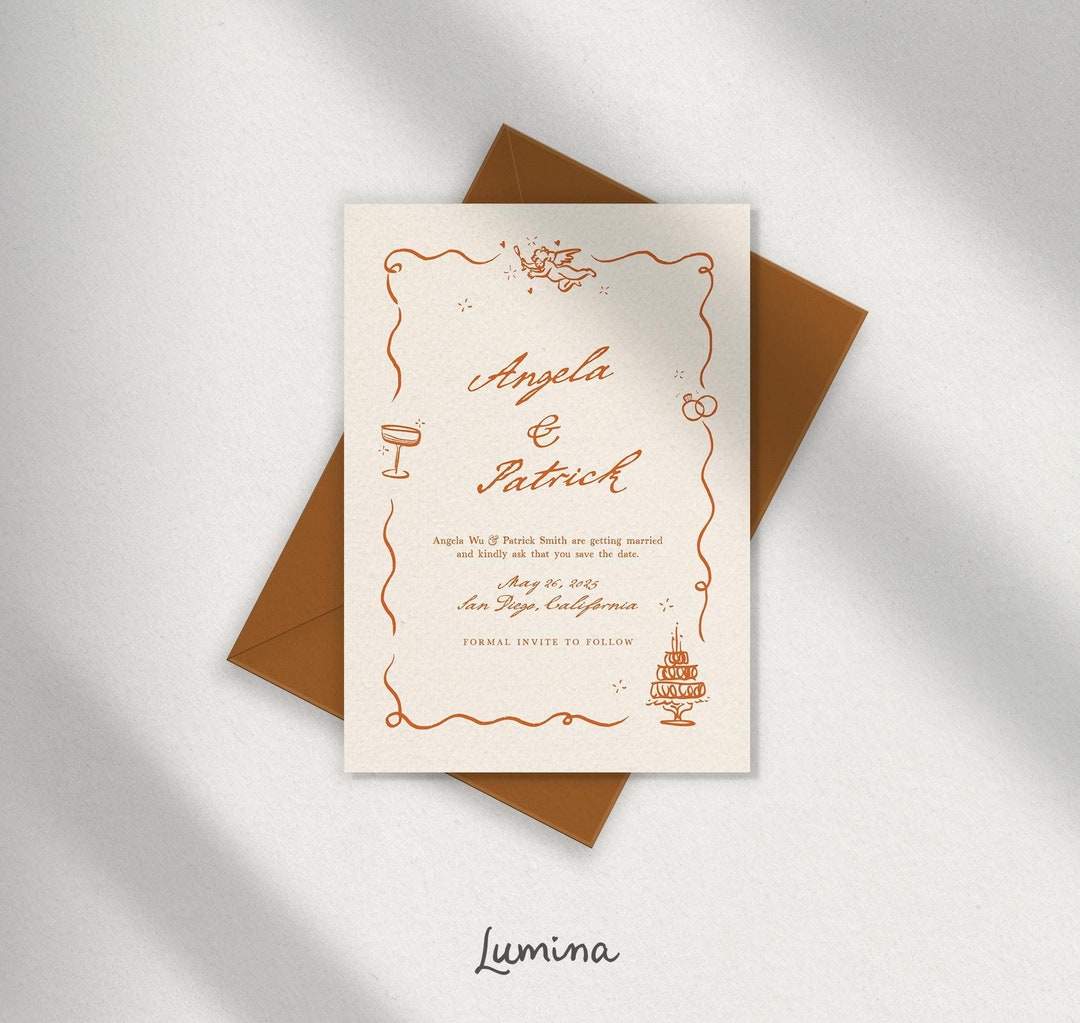 SAVE THE DATE Template, Whimsical Cherub, Hand Drawn Swirly Border ...