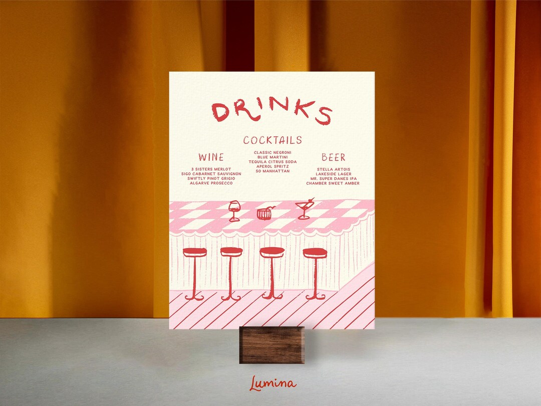 Retro Drinks Menu Template, Pink & Red Checkered Bar, Illustrated ...