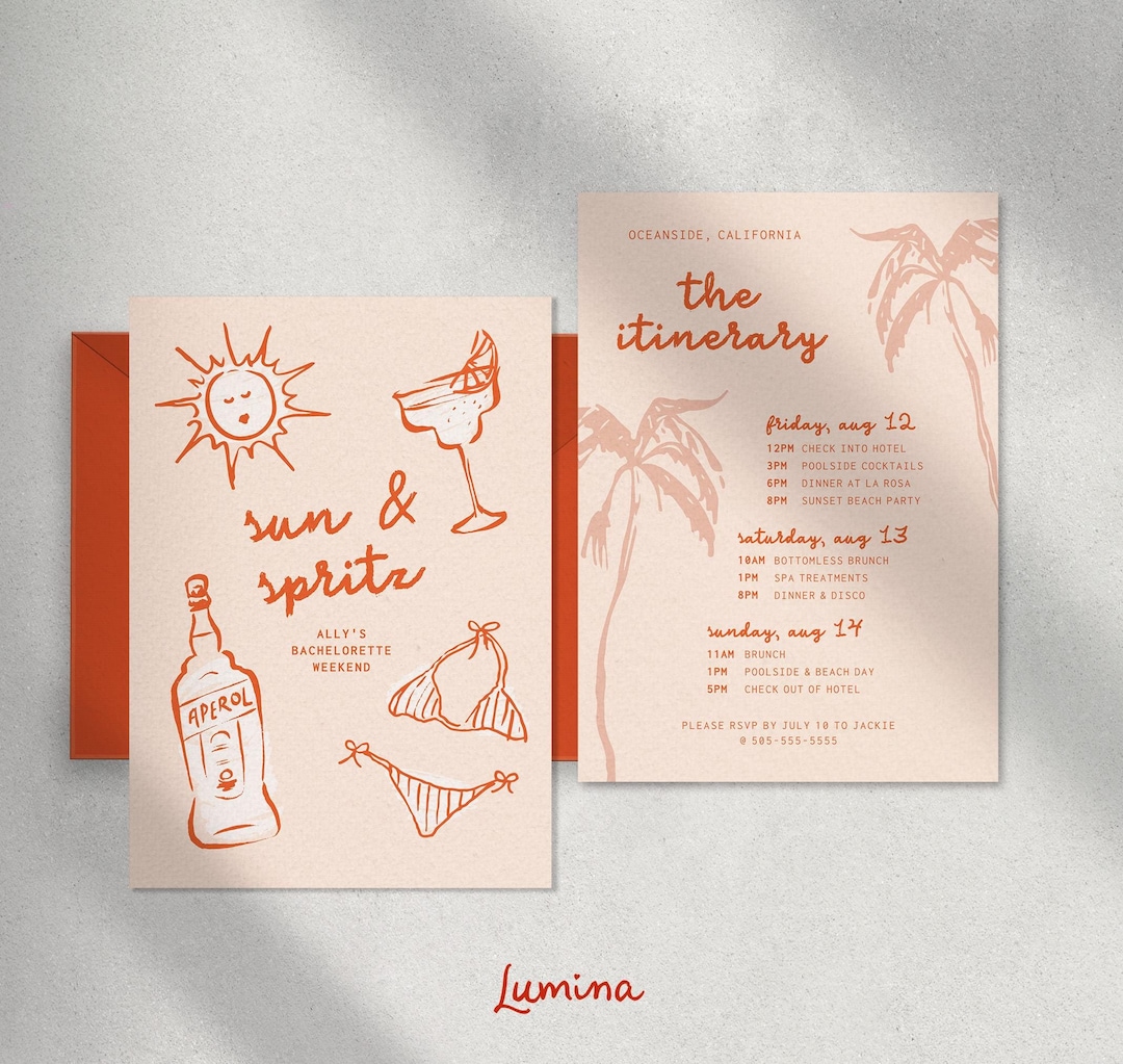 SUN & SPRITZ BACHELORETTE Invite Template, Hand Drawn, Whimsical Beach ...