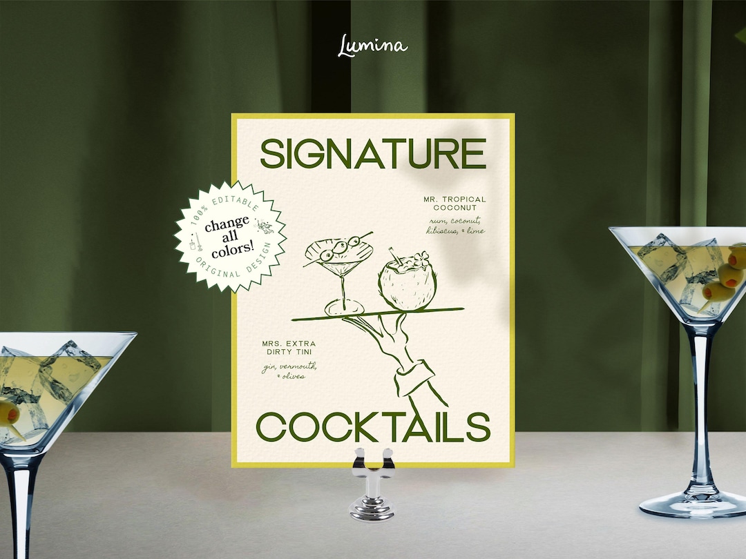 SIGNATURE DRINKS SIGN Template, Hand Drawn Cocktails, Modern Wedding ...