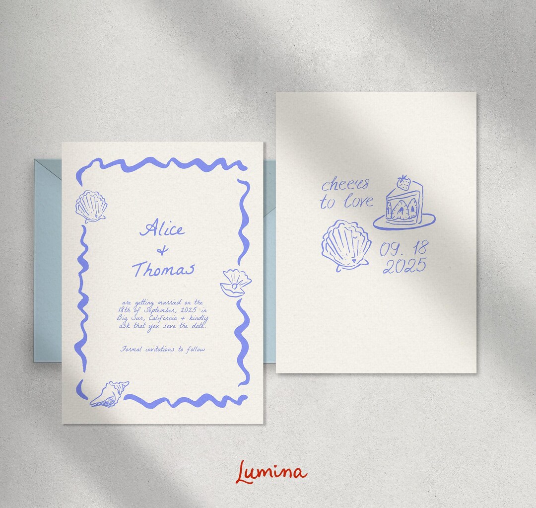 SAVE THE DATE Template, Beach Wedding, Whimsical, Hand Drawn Shells ...