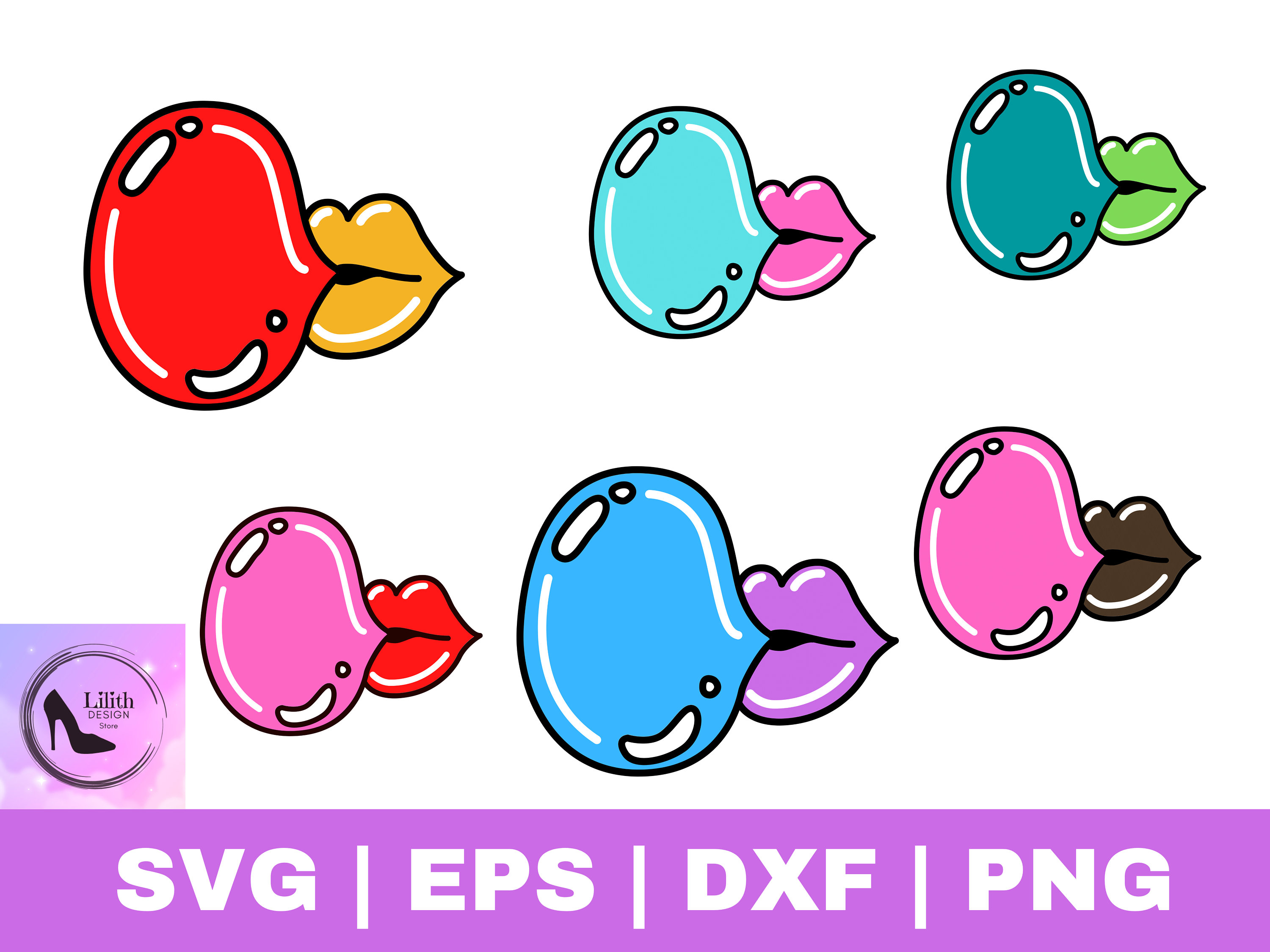Lips With Bubble Gum Svg, Dxf, EPS, PNG 6 Colors Bubble Mouth Instant Download 6 Colores Boca ...