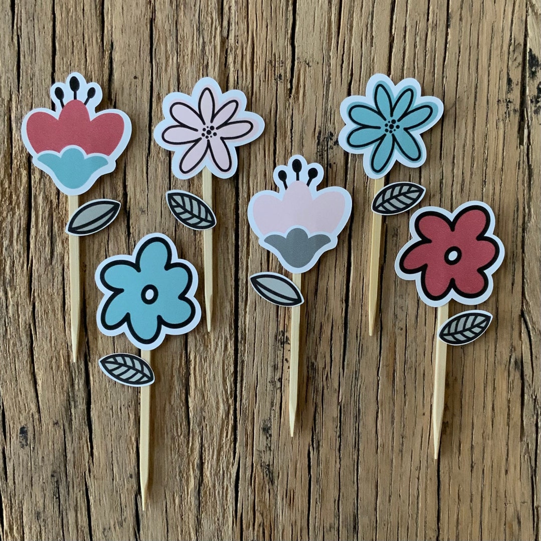 Flower Cupcake Toppers, Funky Flower Mini Cake Toppers, Garden Party ...