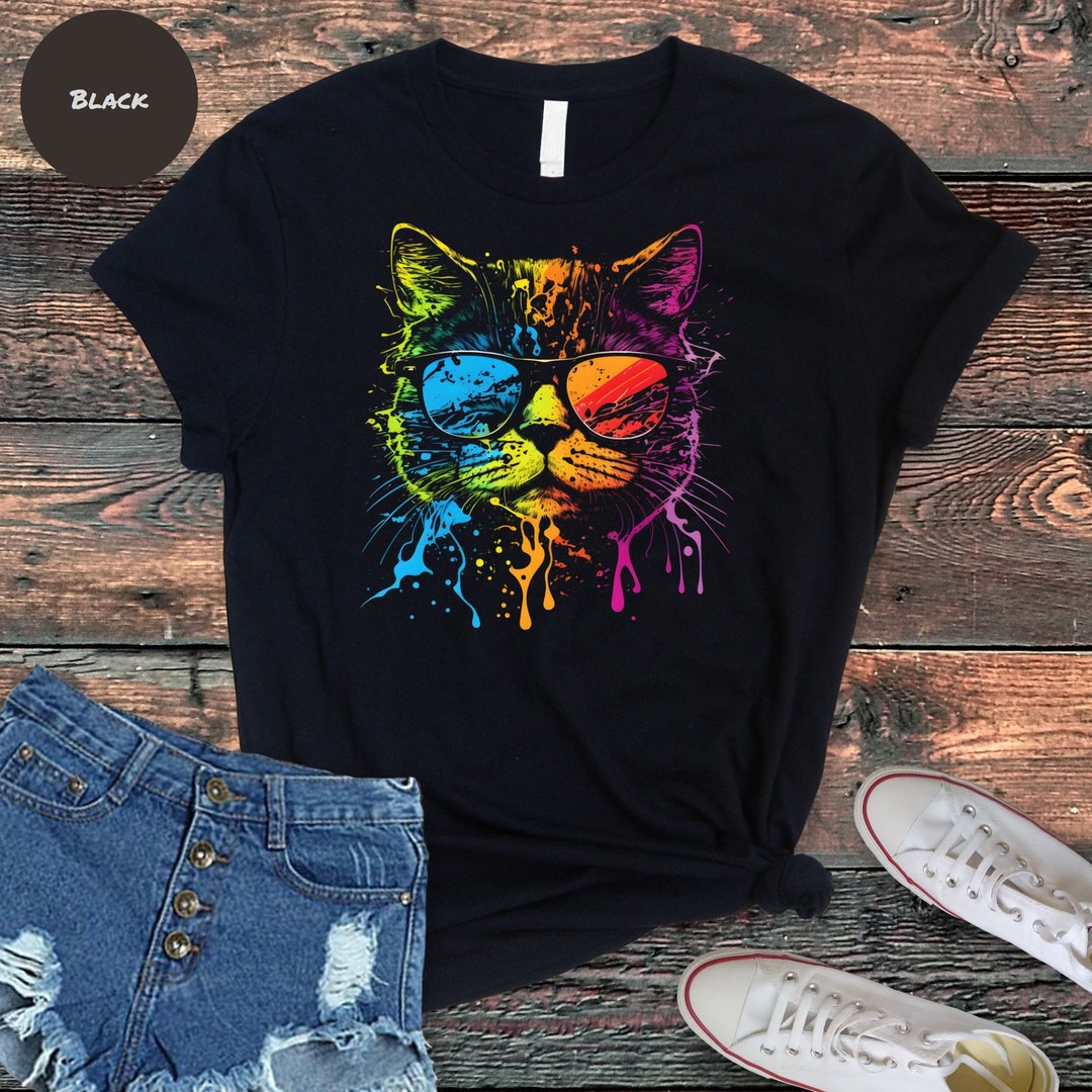 Colorful Cat With Glasses Shirt, Cute Cat Shirt, Cool Animal Apparel ...