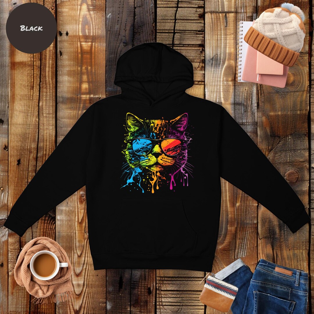 Colorful Cat With Glasses Hoodie, Cute Cat Sweatshirt, Cool Animal Apparel, Cat Pride Hoodie ...