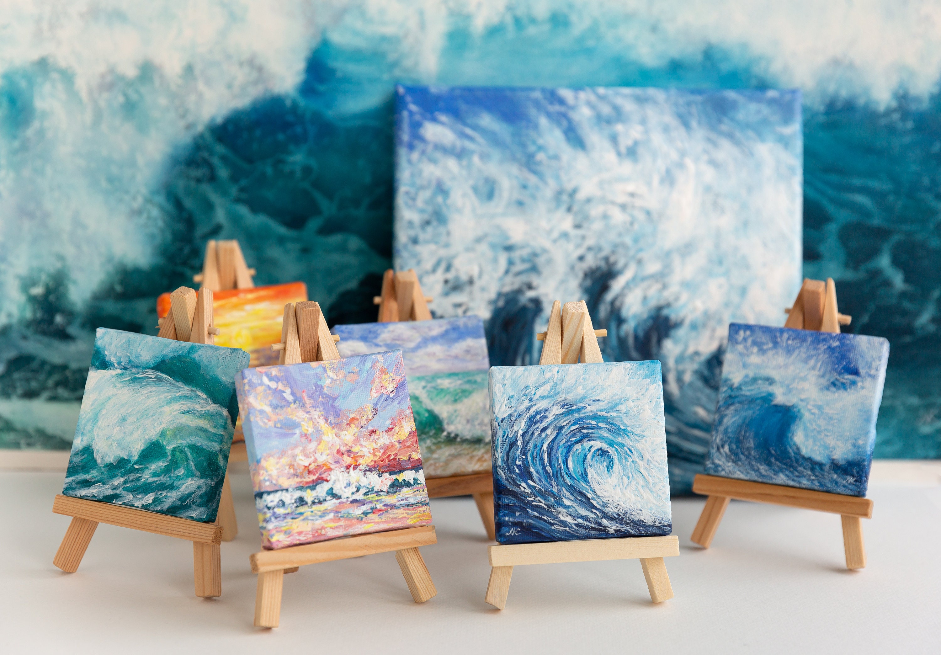 Ocean Mini Painting Original Acrylic Beach Wave Small Art With Easel ...