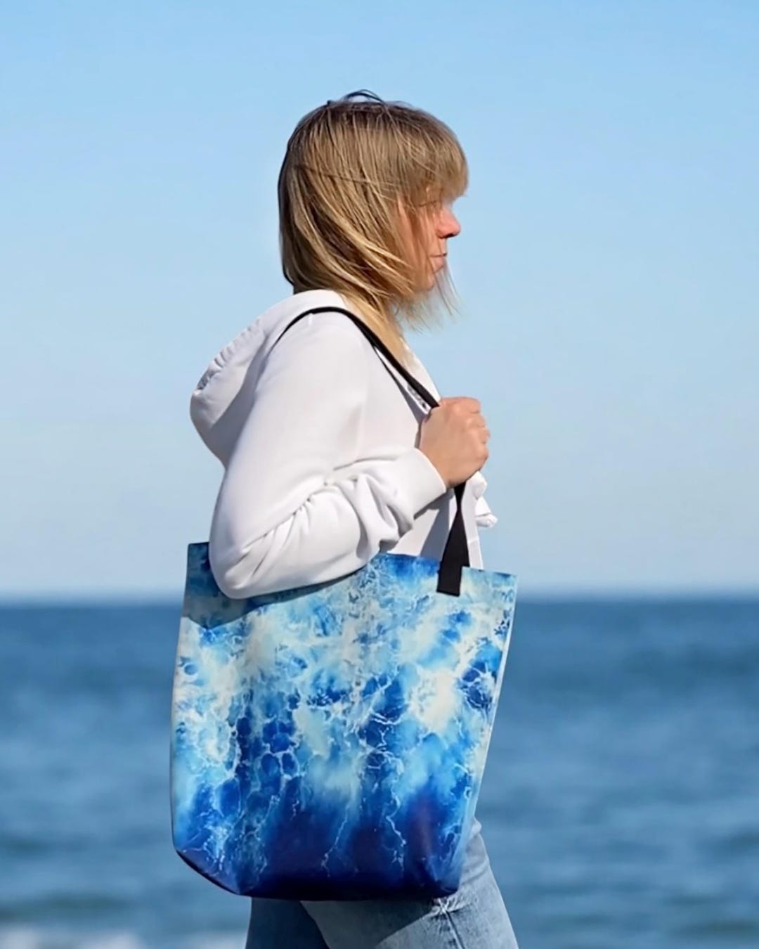 Abstract Blue Ocean Tote Bag. All-over Print Coastal Beach Bag. Art ...