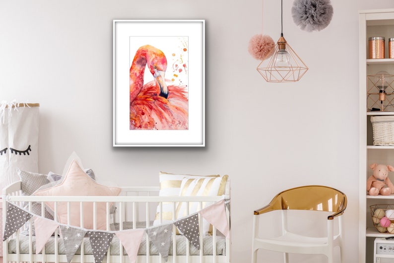 Pink Flamingo Watercolor Painting Art Print. Kids Room Decor. Jungle ...
