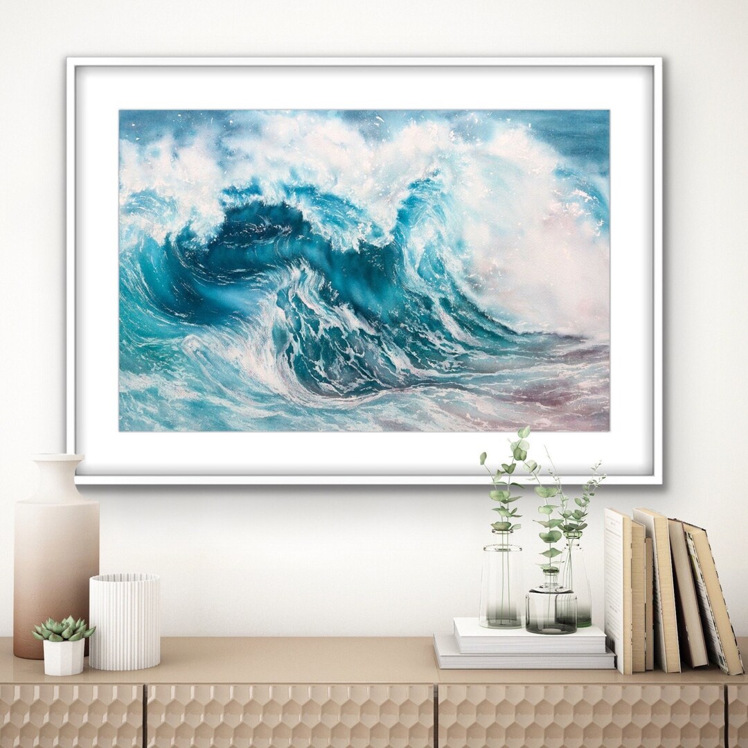 Blue Ocean Large Wave Watercolor Painting Art Print. Ocean Storm ...