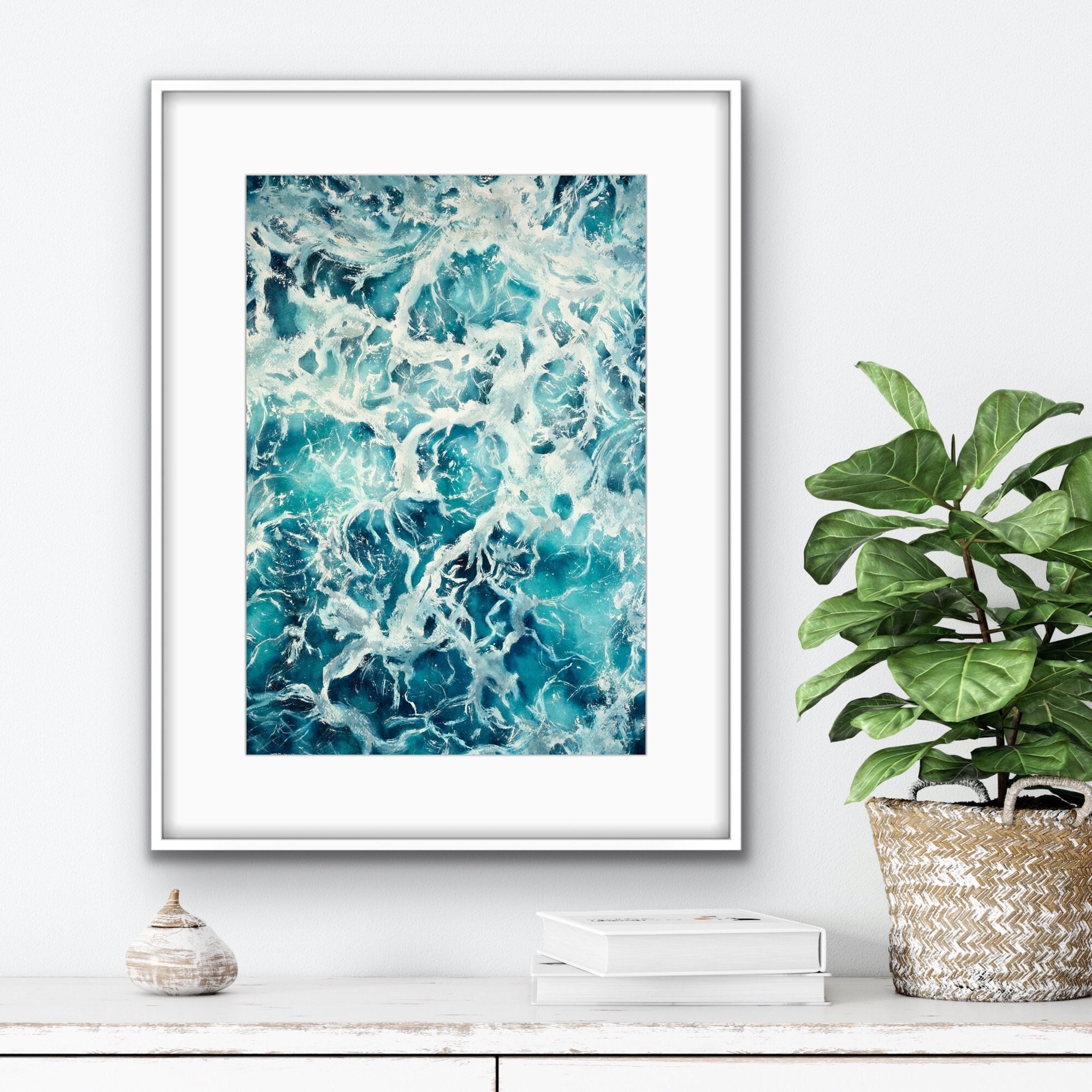 Abstract Ocean Painting Art Print. Watercolor Ocean Art Print. Navy ...