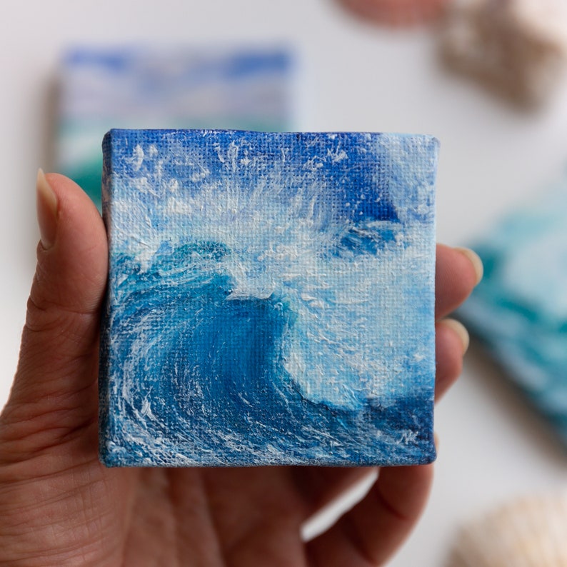 Ocean Mini Painting Original Art Acrylic Navy Blue Beach Sea Wave Small ...