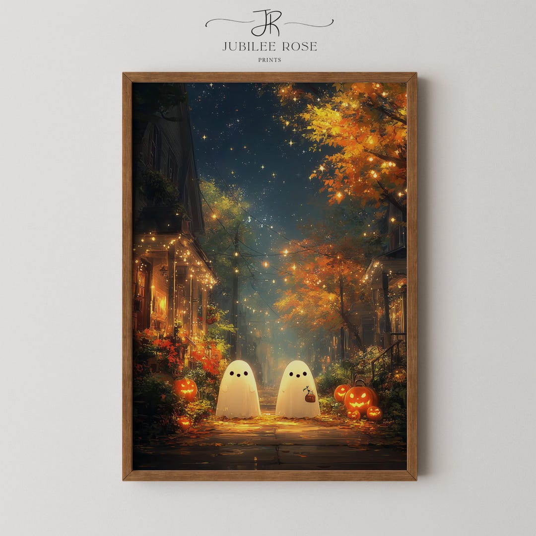 Kawaii Halloween Ghosts Art Print: Spooky Cottagecore Street Scene ...