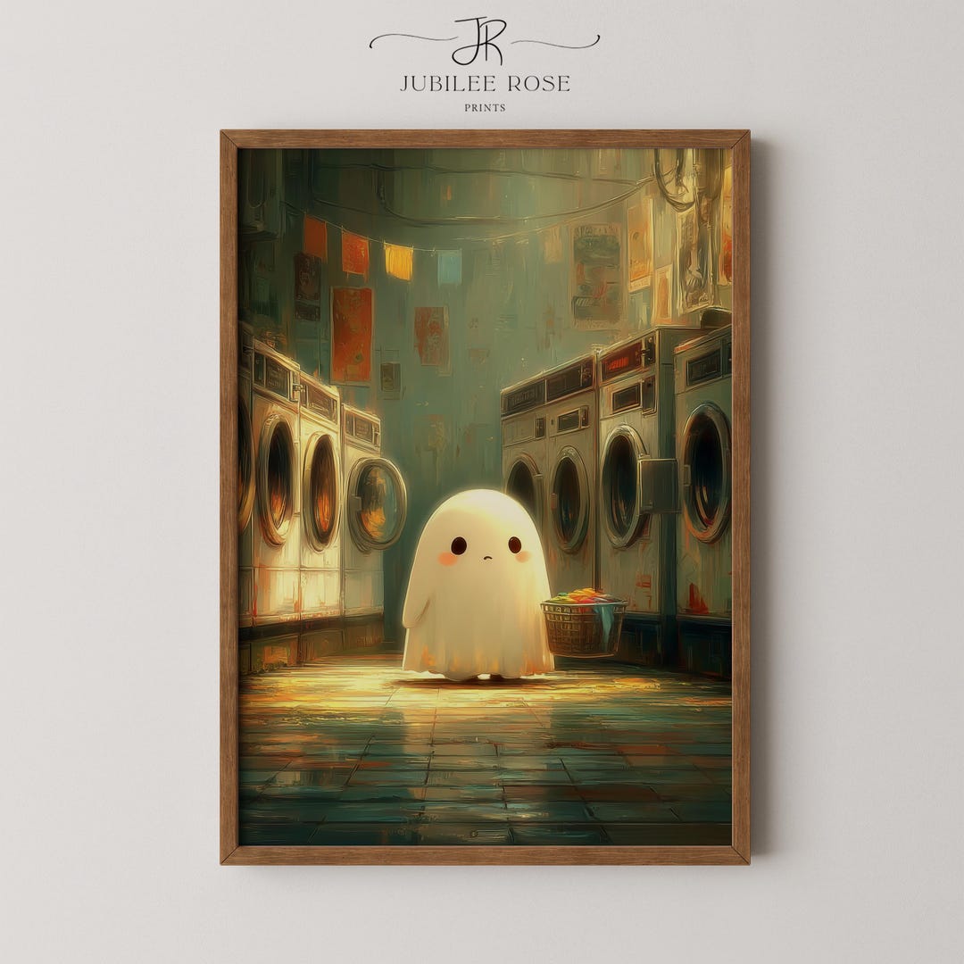 Printable Cute Ghost in Retro Laundry Room - Whimsical Halloween Art ...