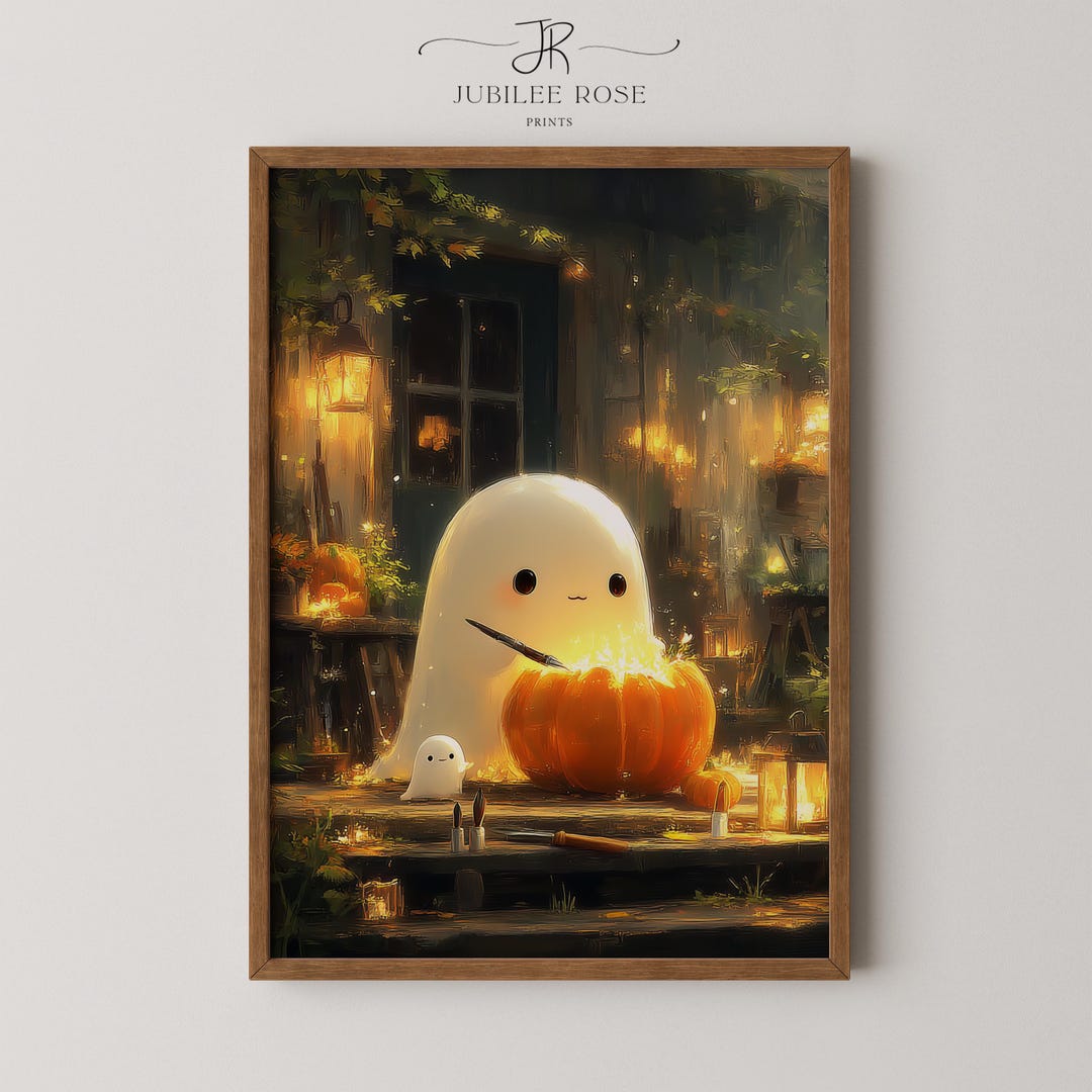 Halloween Ghost Pumpkin Carving Art Print: Spooky Cottagecore Decor ...