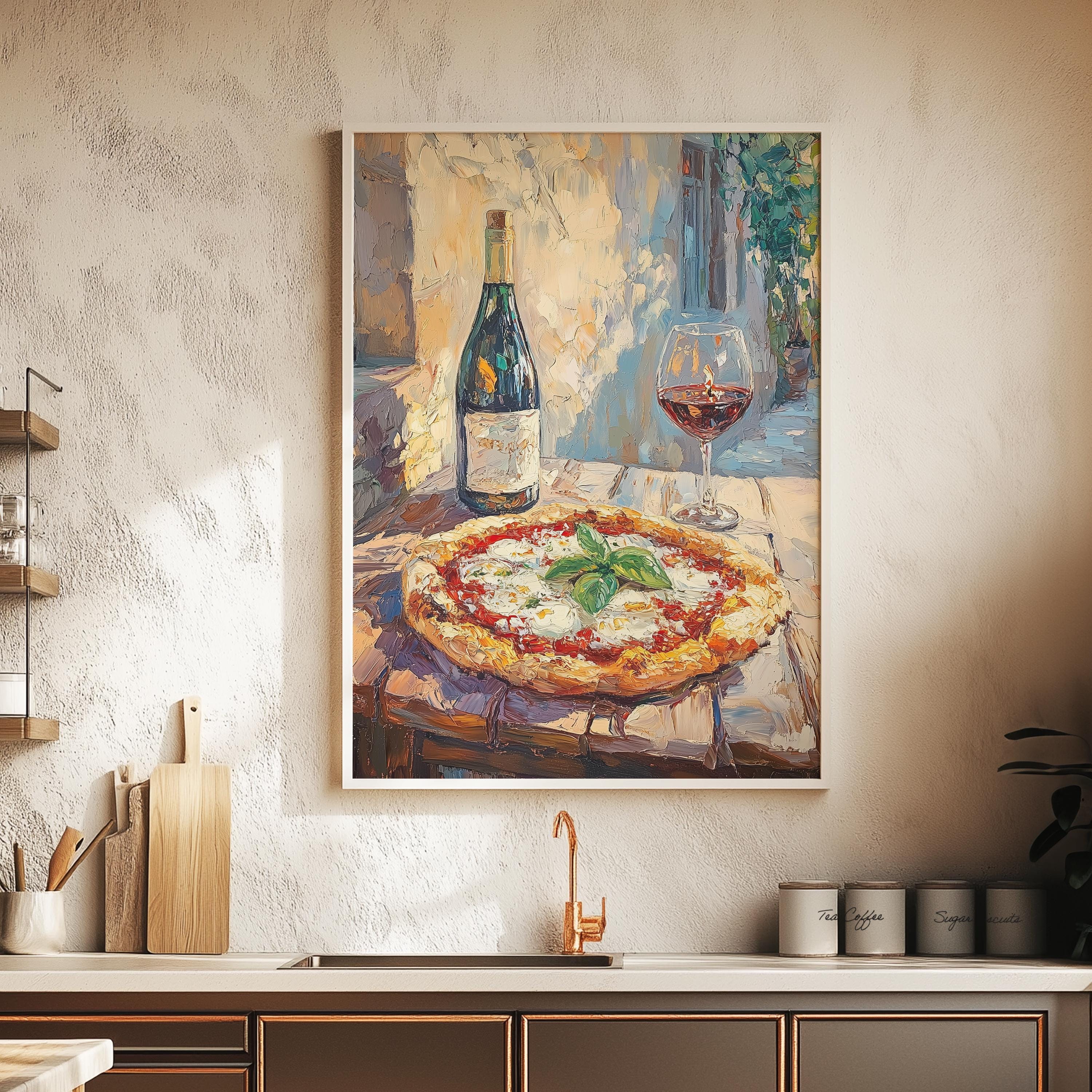 Rustic Pizza & Wine Oil Painting: Vintage Kitchen Art (digital Download ...
