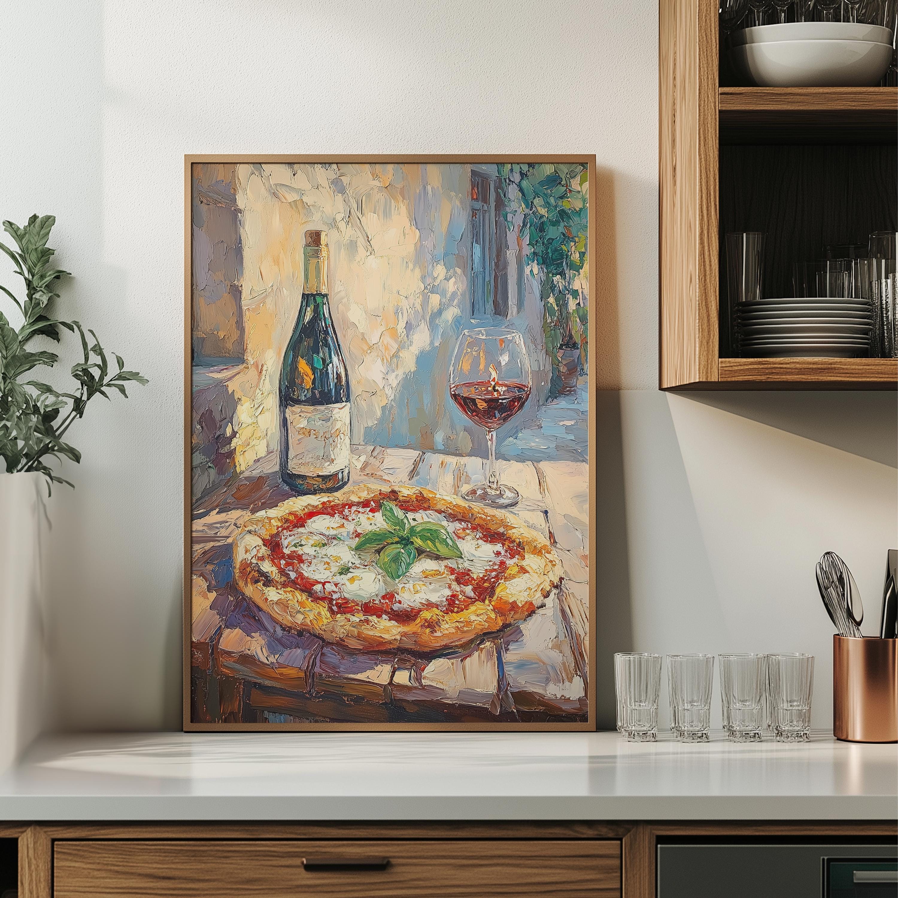 Rustic Pizza & Wine Oil Painting: Vintage Kitchen Art (digital Download ...