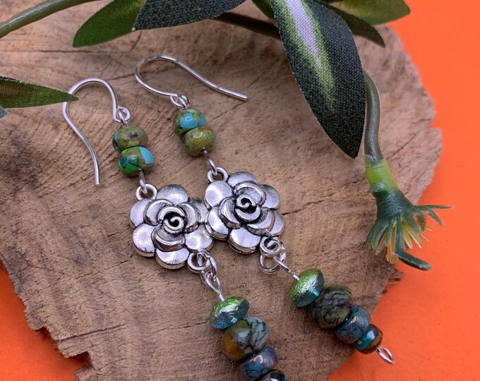 Silver Rose Charm and Green Bead Dangles, Green Turquoise and Silver ...