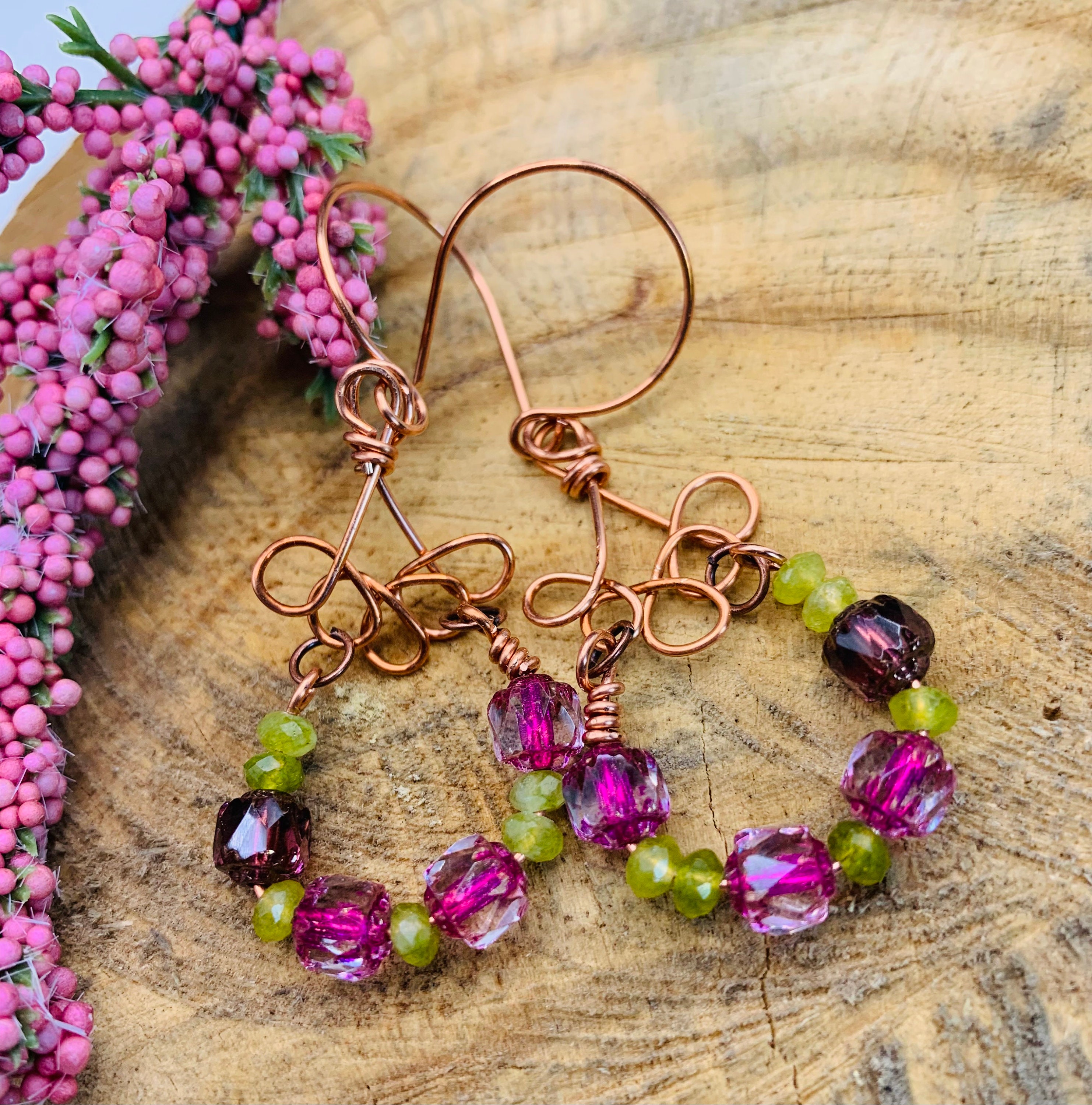 Hot Pink, Amethyst and Green Agate Dangle Earrings, Copper Wire Wrapped ...