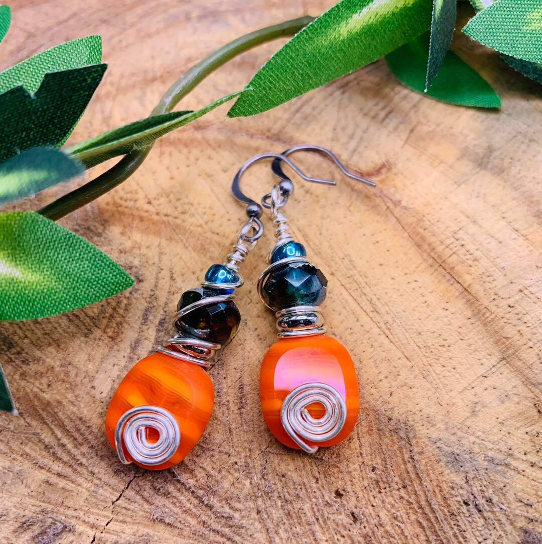 Bright Orange Striated Bead Dangles Silver Wire Wrapped - Etsy