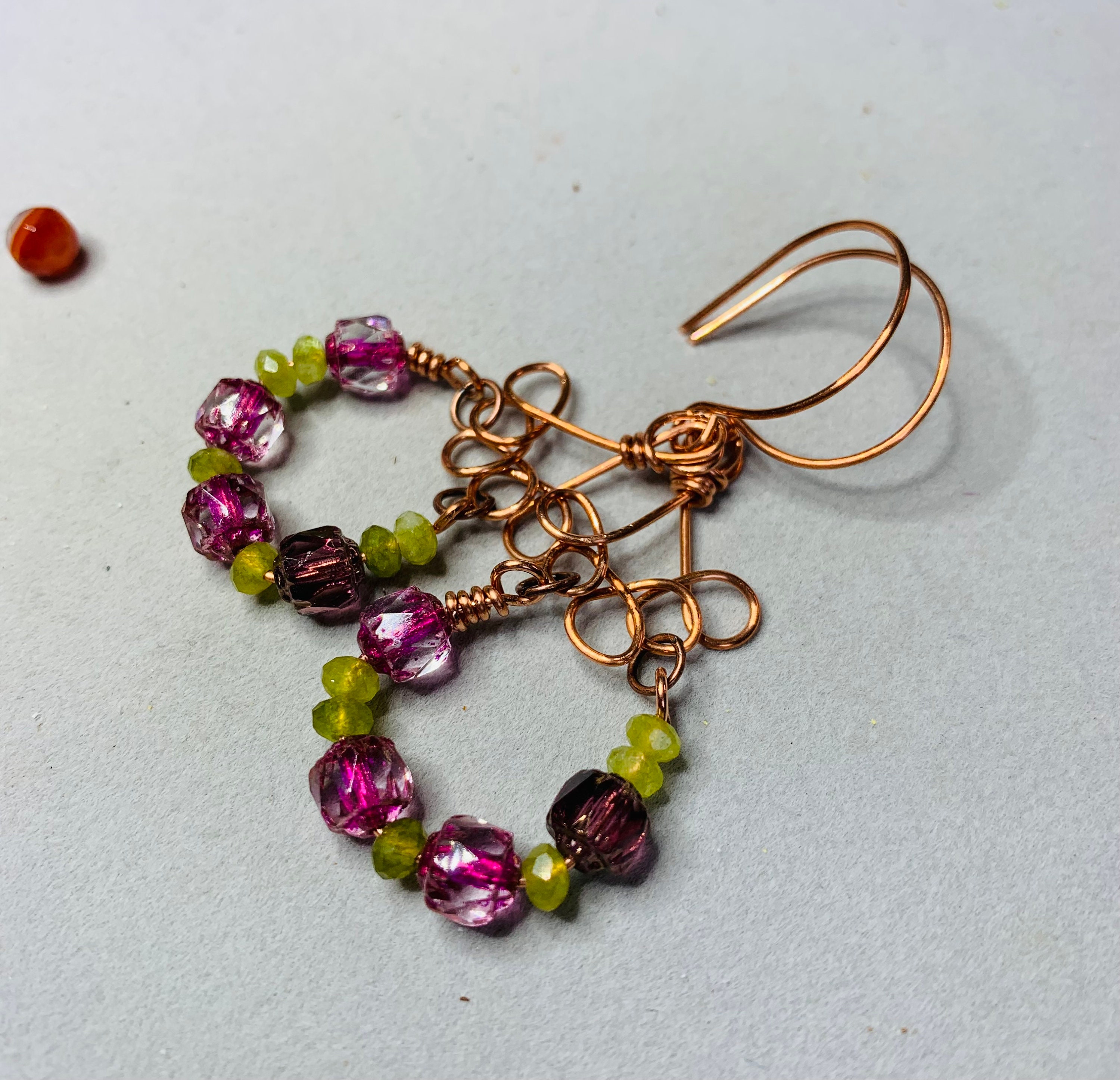 Hot Pink, Amethyst and Green Agate Dangle Earrings, Copper Wire Wrapped ...