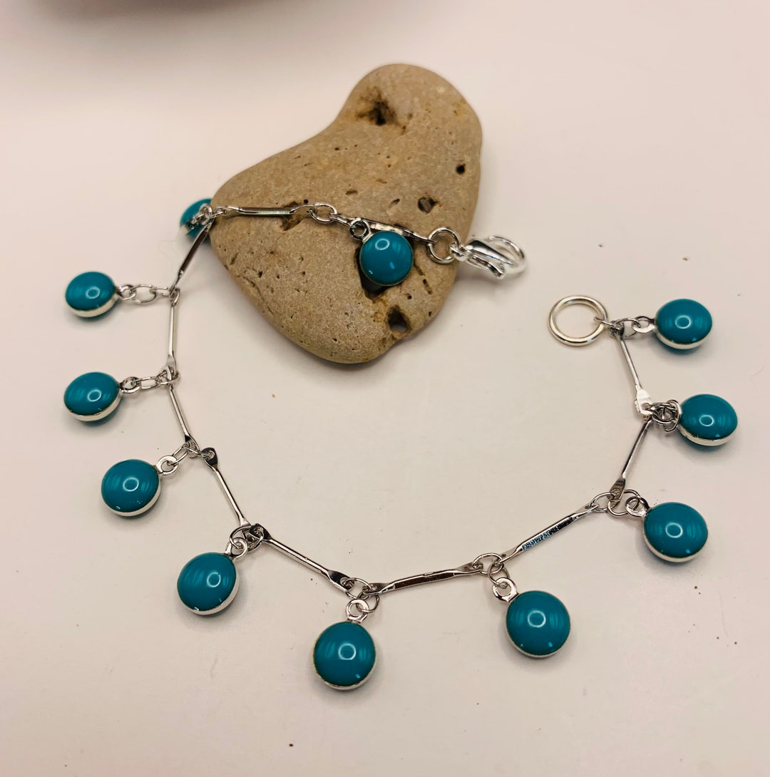 Sky Blue Coin Charm Beads on Silver Bar Chain Bracelet, Coin Charm Bead ...