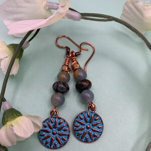 Blue Calcite and Brass Sundial Charm Earrings, Blue, Copper and Brass ...