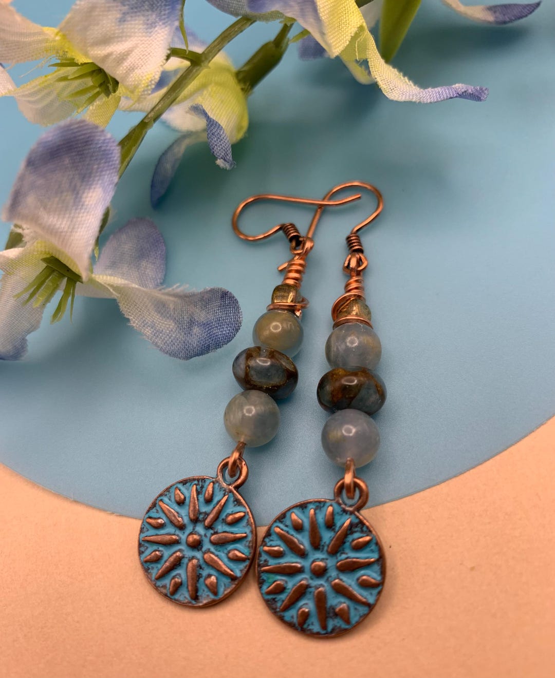 Blue Calcite and Brass Sundial Charm Earrings, Blue, Copper and Brass ...