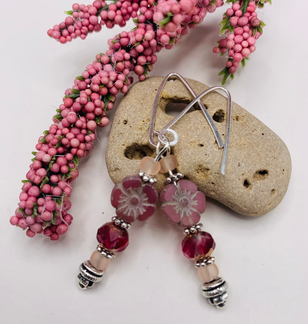 Pink Passion Rose Hibiscus Dangles, Silver and Dusty Rose Dangles With ...