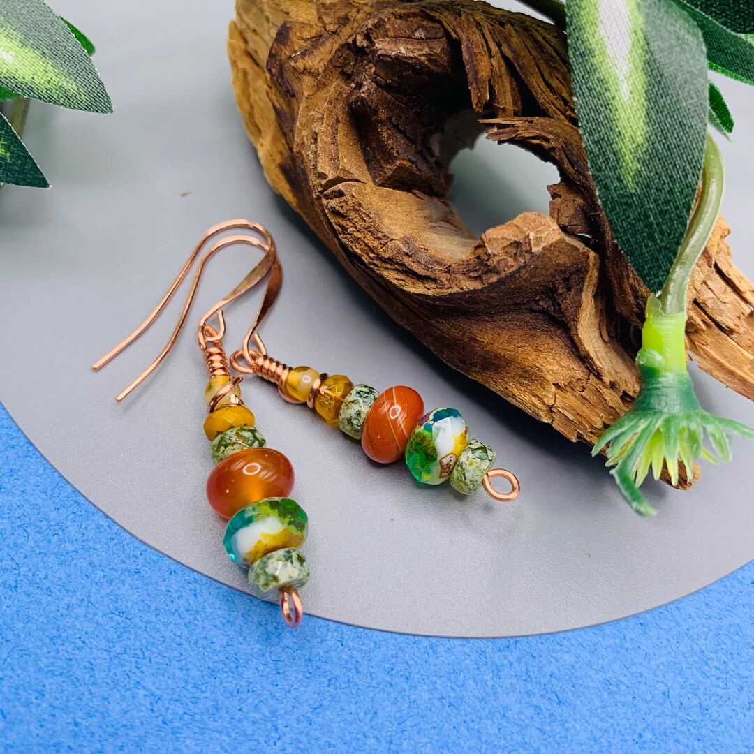 Gold, Green, Brick Red and Parakeet Green Bead Earrings, Burst of Color ...