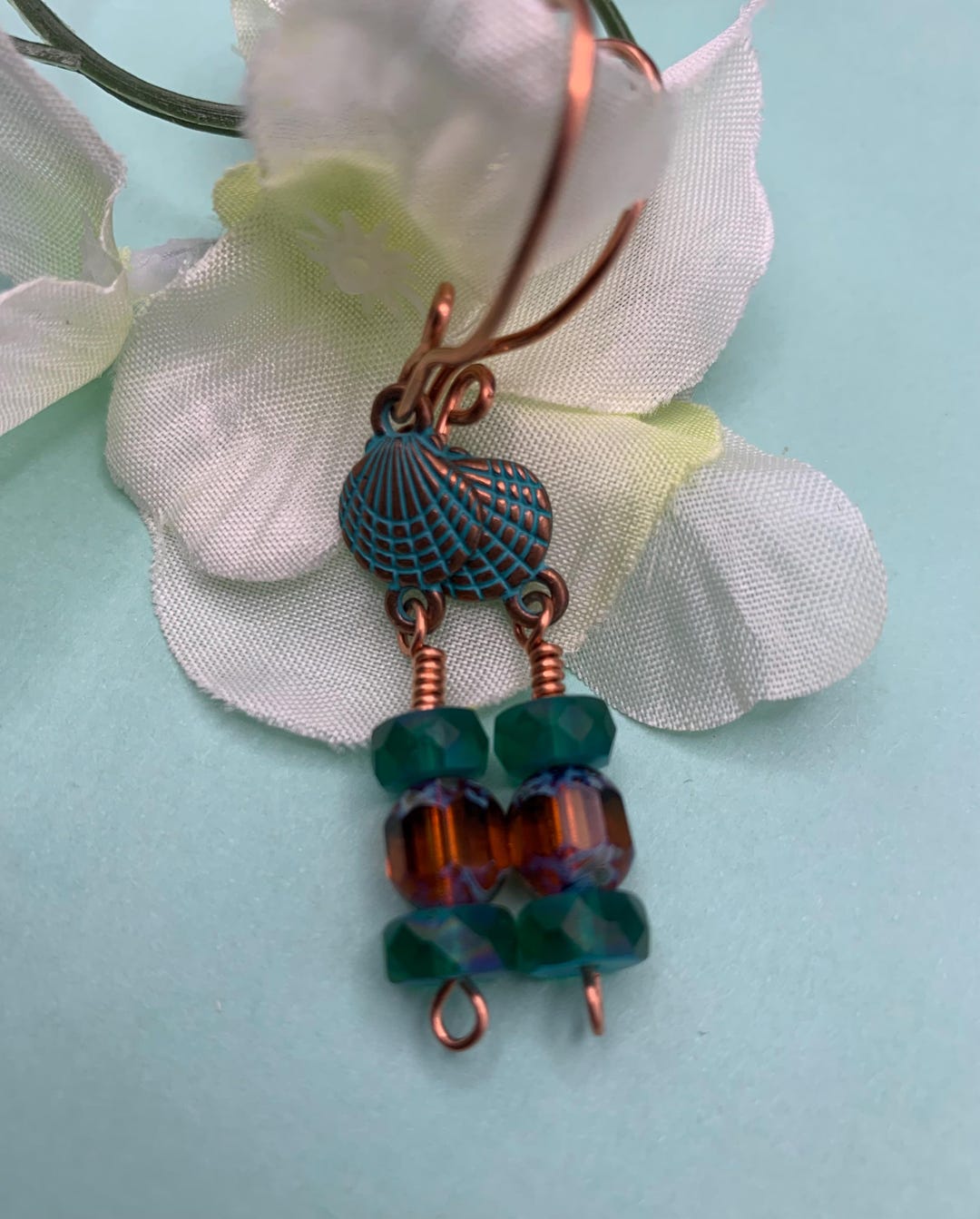 Beads and Copper Patina Shell Charm Dangles, Blue Glass Heishi Beads ...
