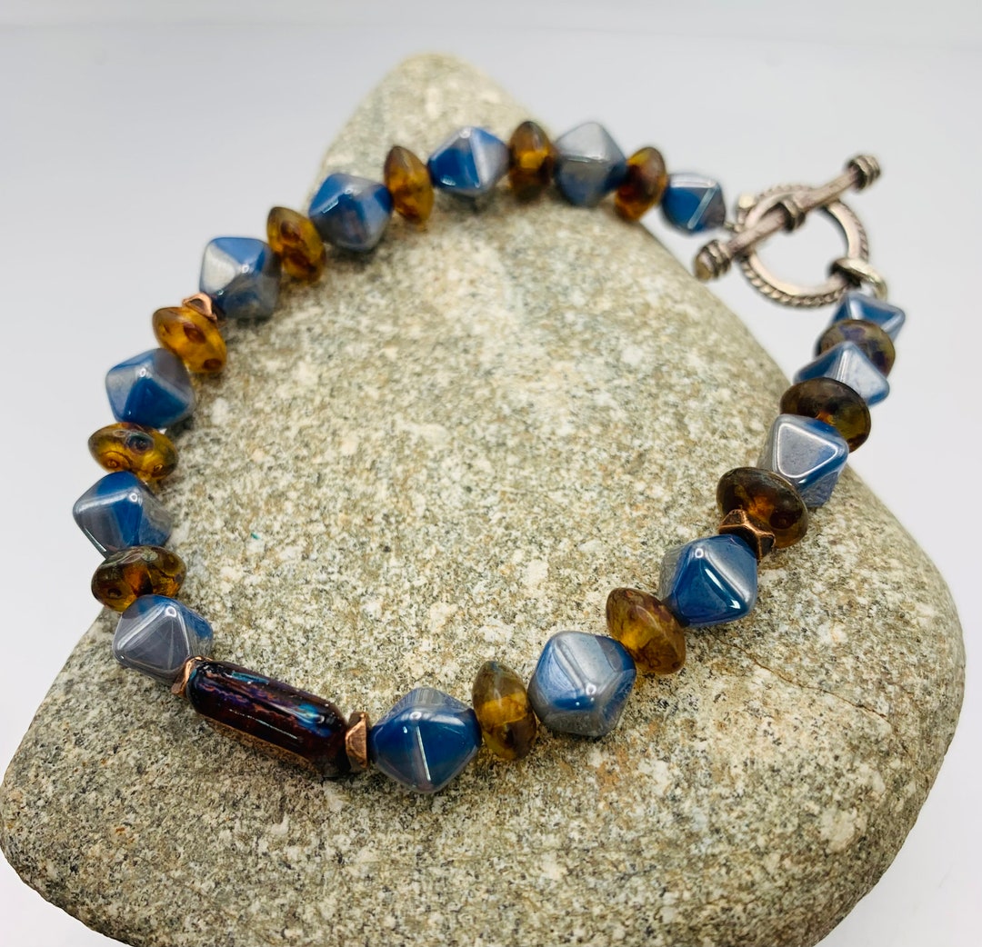 Sky Blue and Brown Bead Bracelet, Denim Blue and Cocoa Brown Bead ...