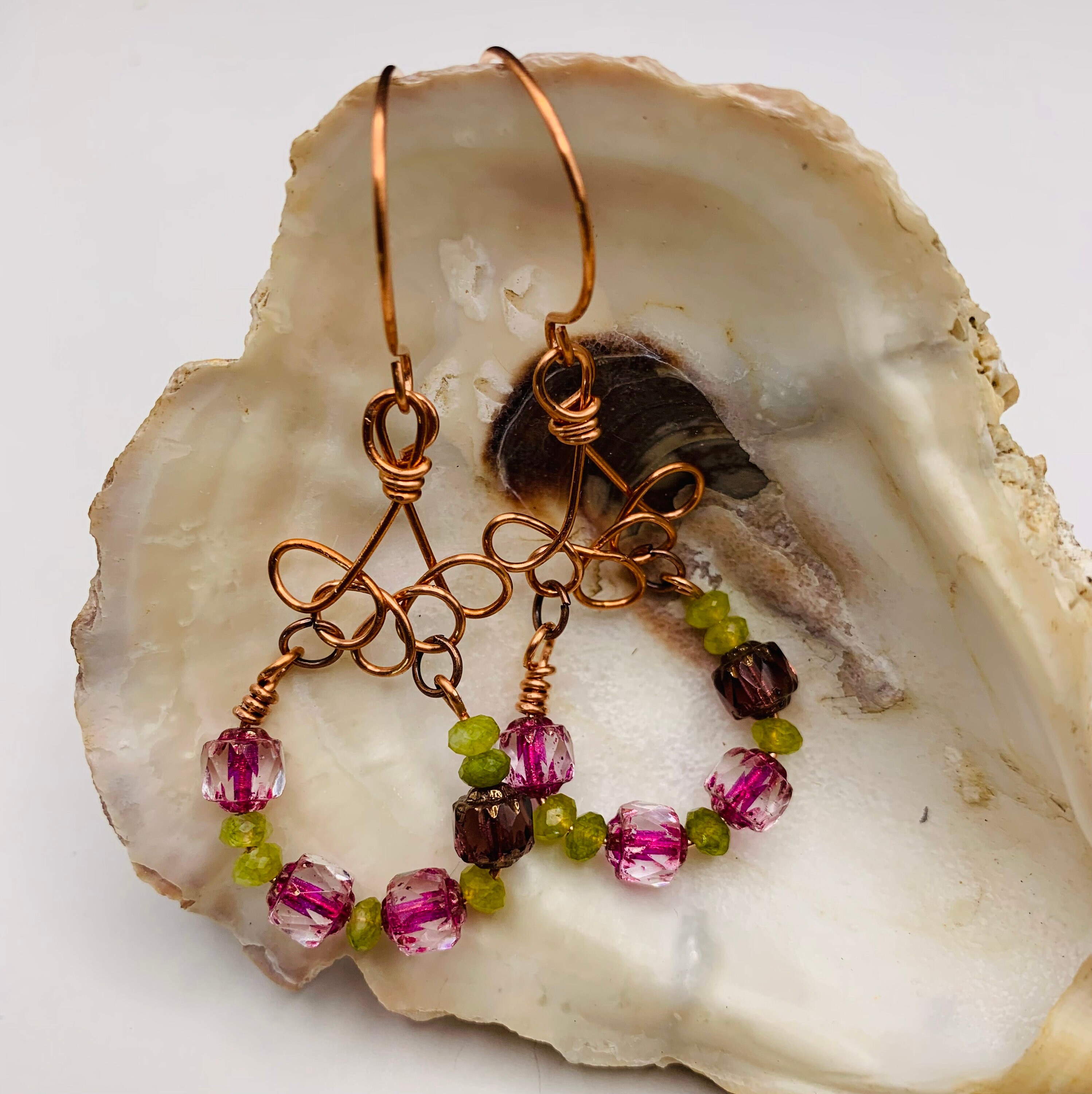 Hot Pink, Amethyst and Green Agate Dangle Earrings, Copper Wire Wrapped ...