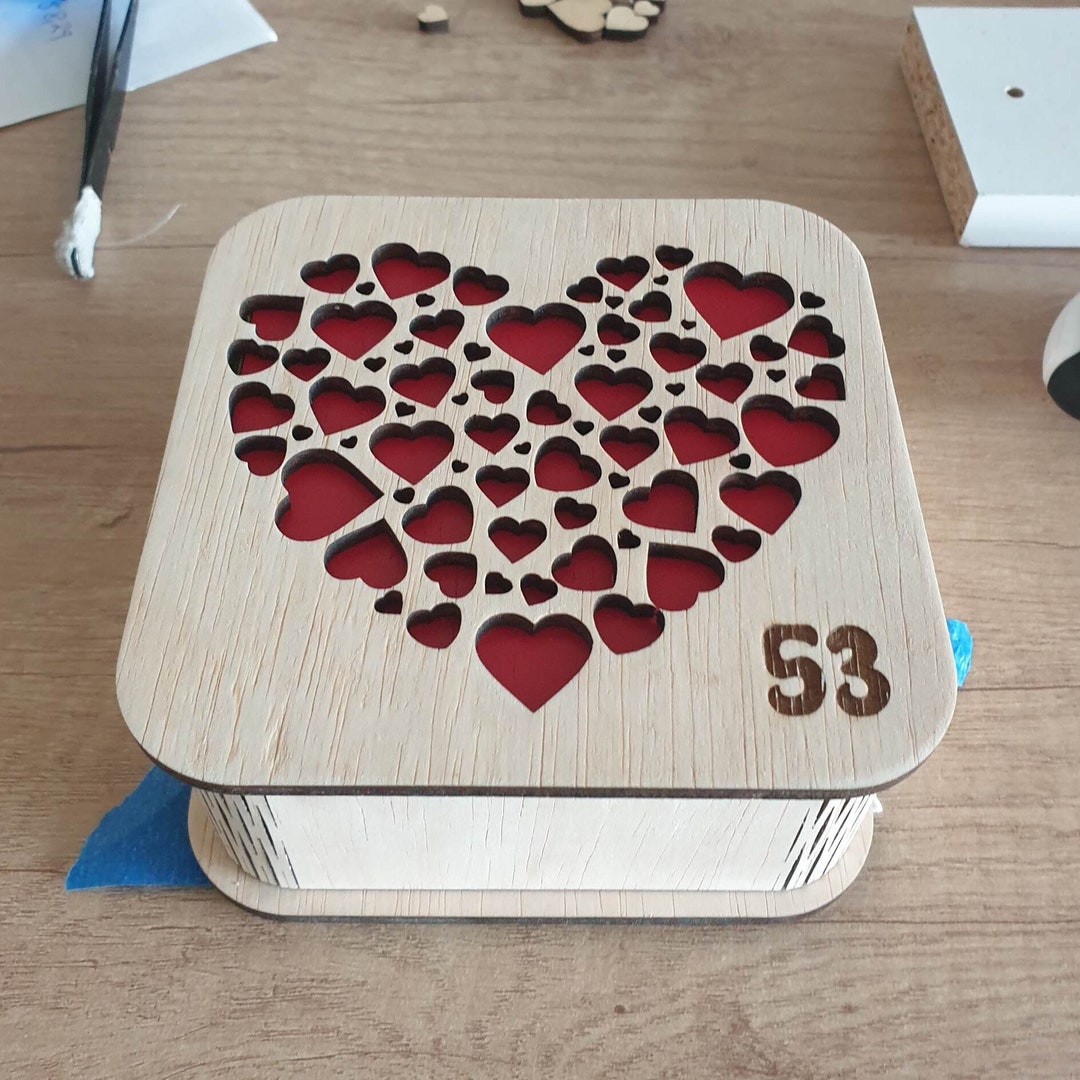 Laser Engraved Jewelry Box With Fancy Hearts Pattern and Living Hinge ...