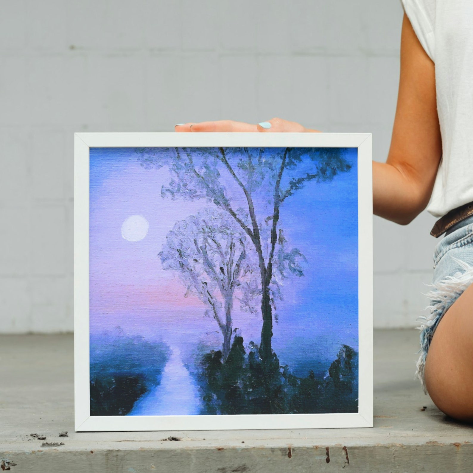 Full Moon Misty Purple Blue Landscape Digital Art Print. Mist Moon Blue ...