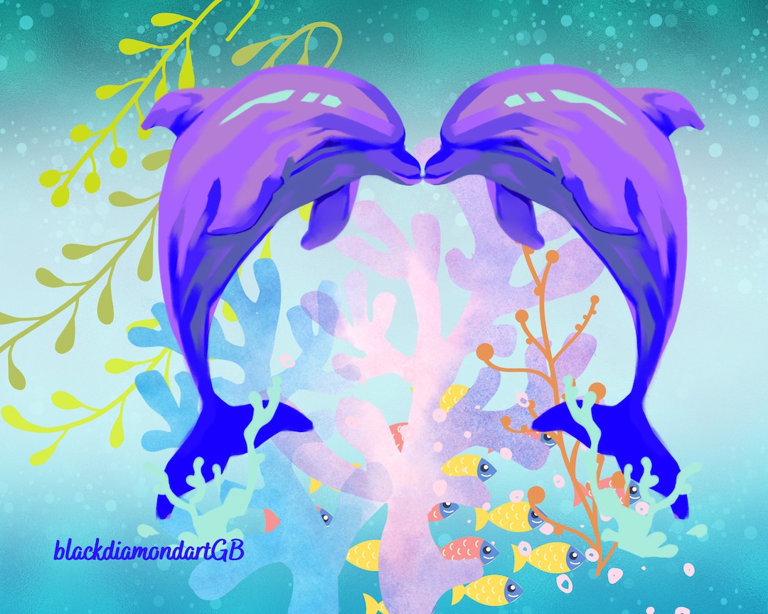 The Underwater Kiss. Two Purple Dolphins Kiss Under the Bright Blue Sea Digital Art Print. Ideal ...