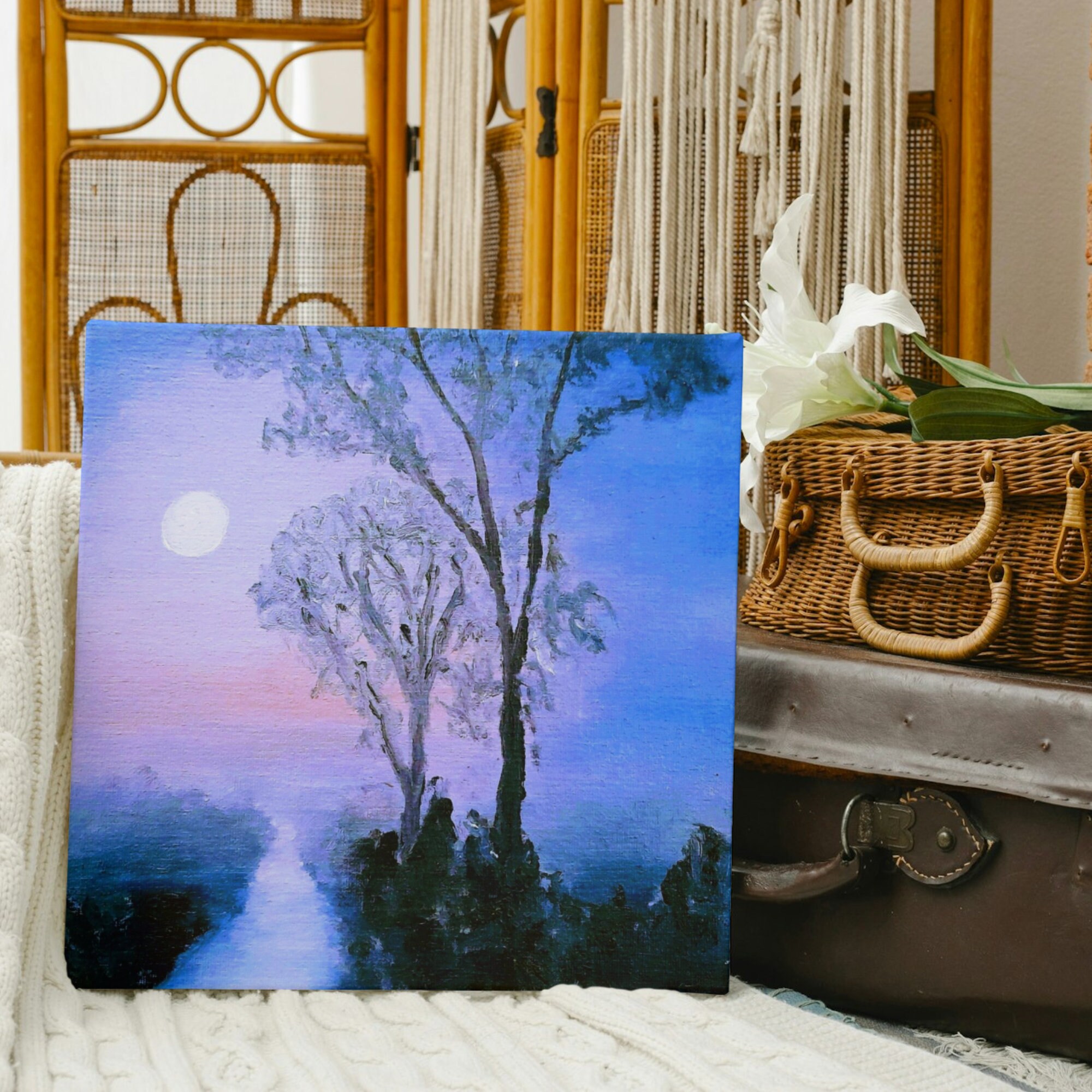 Full Moon Misty Purple Blue Landscape Digital Art Print. Mist Moon Blue ...