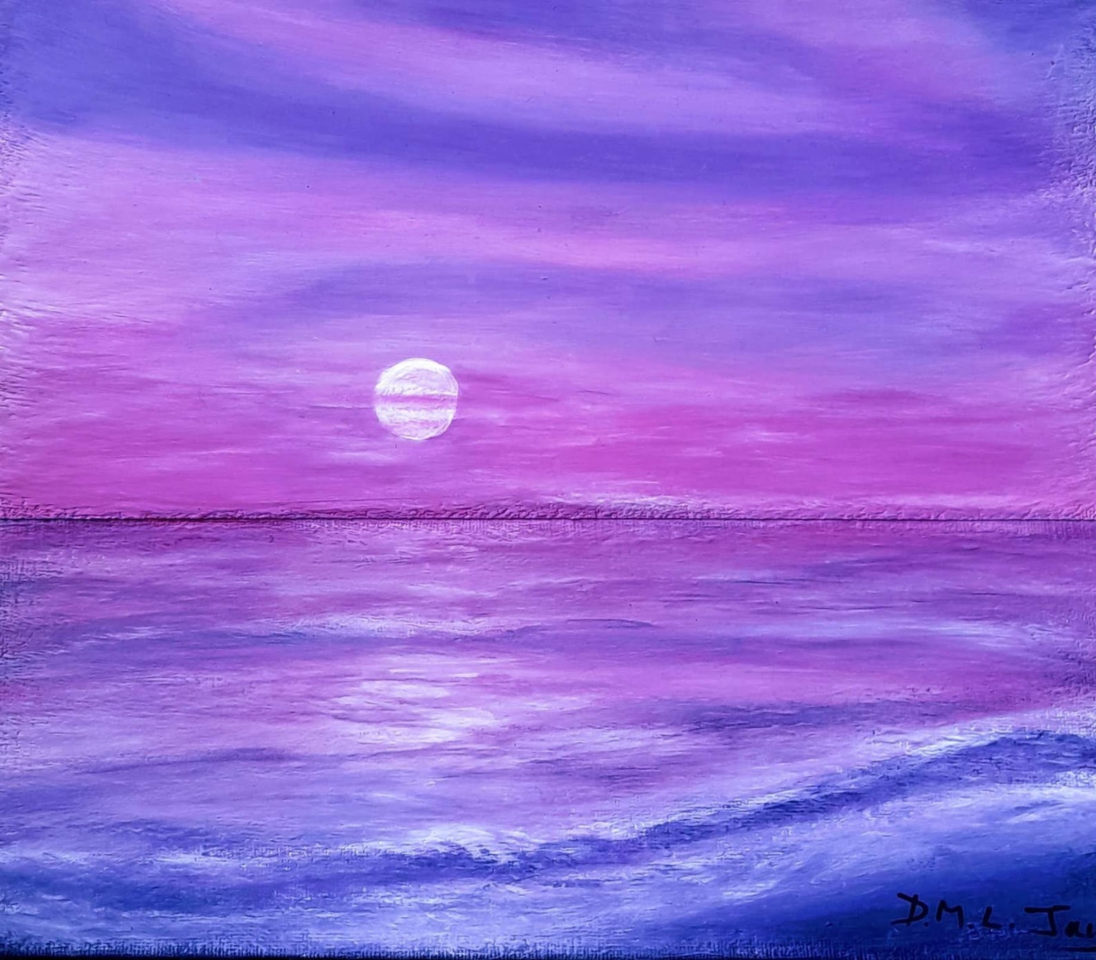 Pink and Purple Sunrise Art Print. Pink Beach Scene With Calm Waves on ...