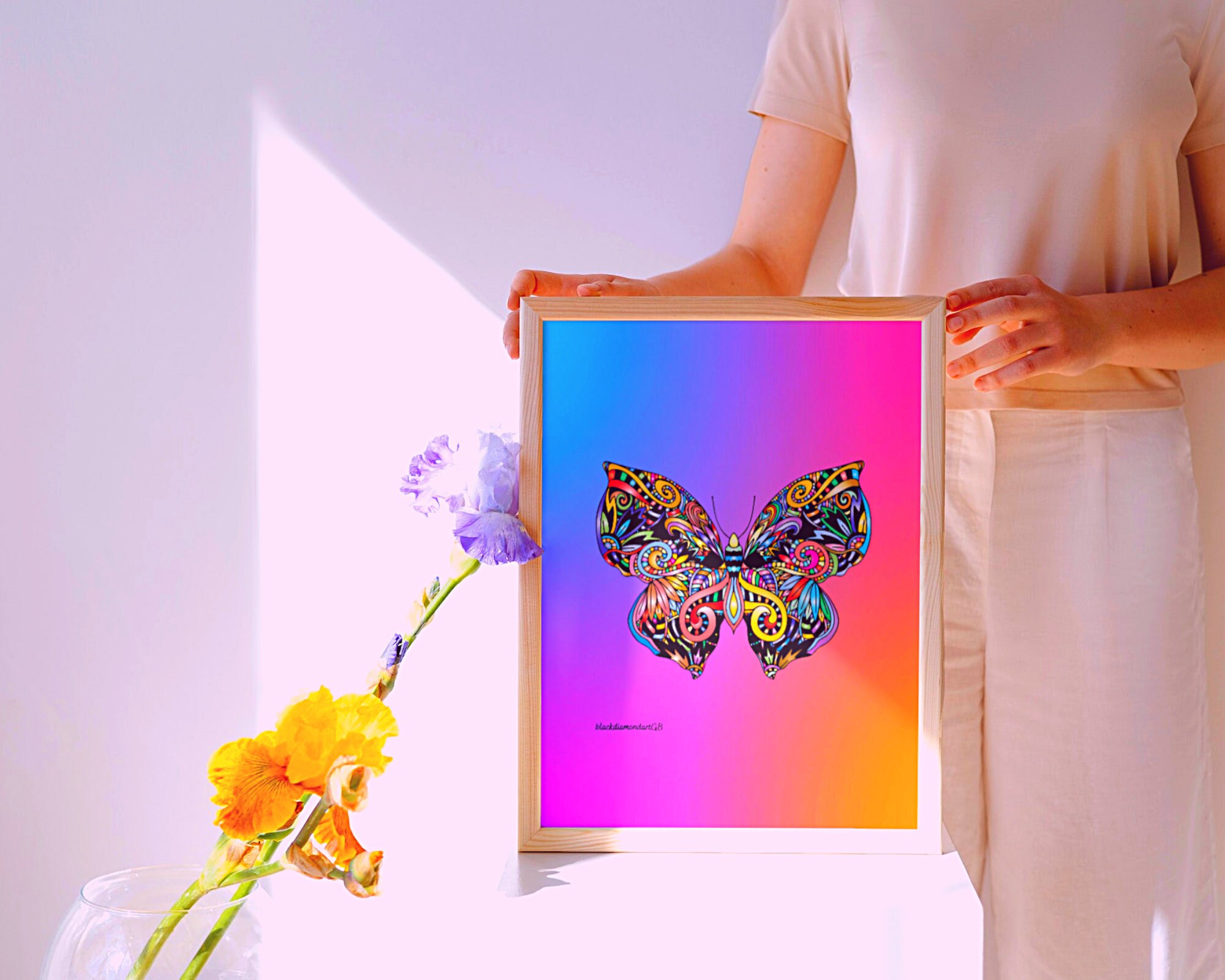 Bright Patterned Butterfly With Neon Vivid Background Digital Art Print ...