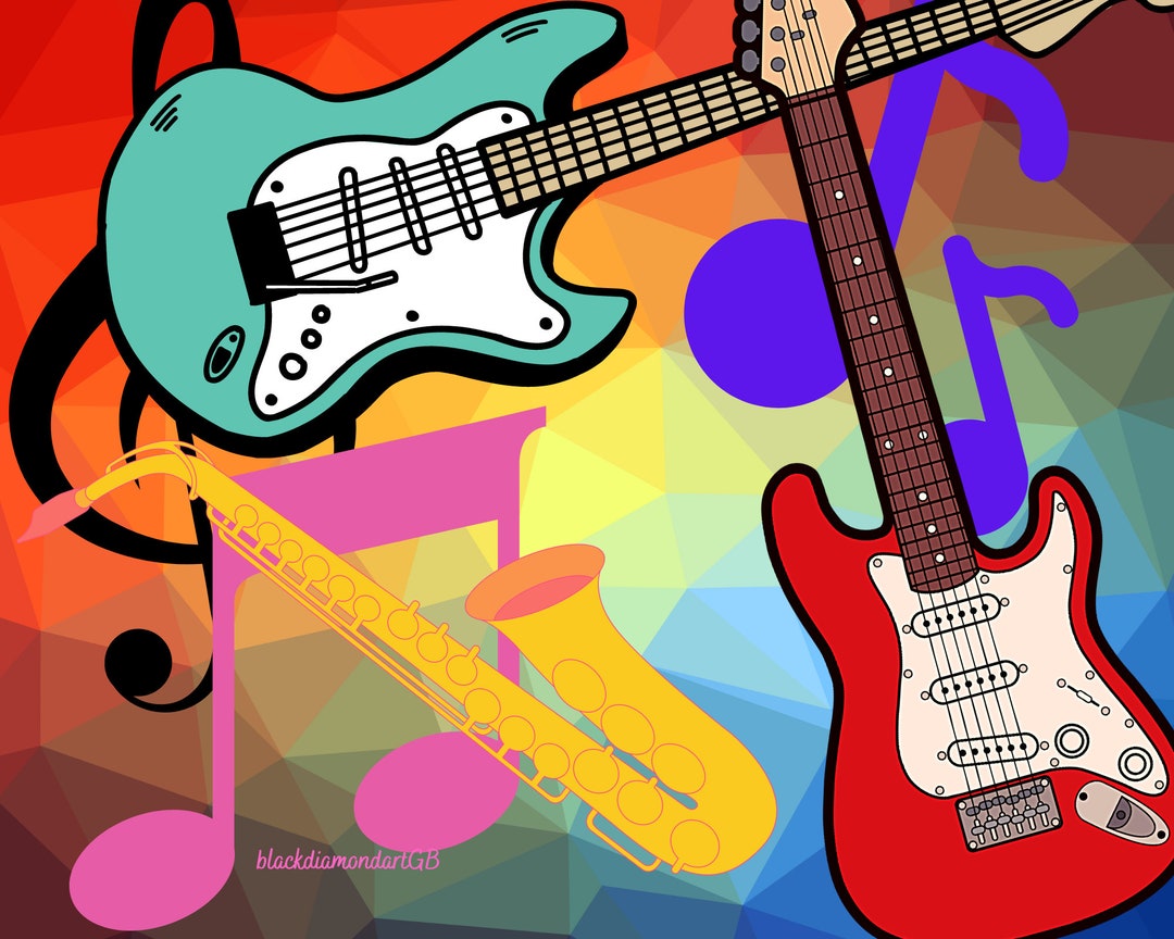 Saxophone and Guitars Music Art Print. Vivid Coloured Print of Musical ...
