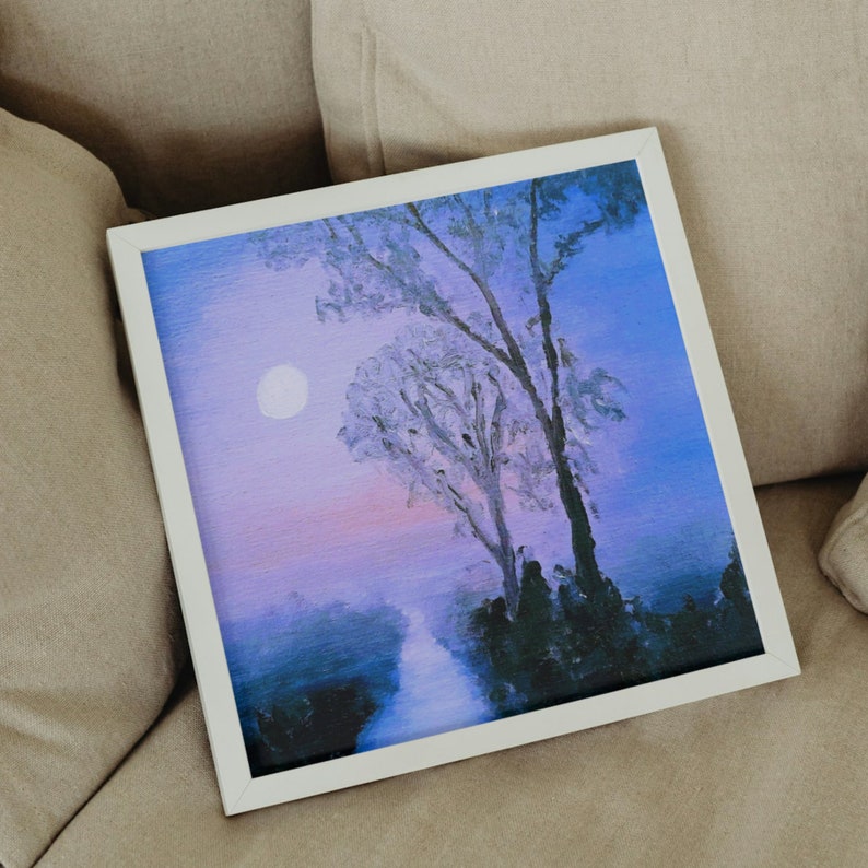 Full Moon Misty Purple Blue Landscape Digital Art Print. Mist Moon Blue ...