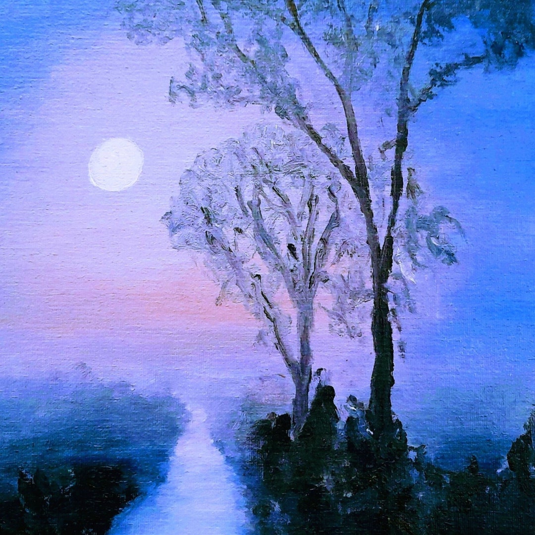 Full Moon Misty Purple Blue Landscape Digital Art Print. Mist Moon Blue ...