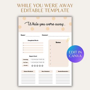 While You Were Away Template | Substitute Teacher Feedback | Substitute ...