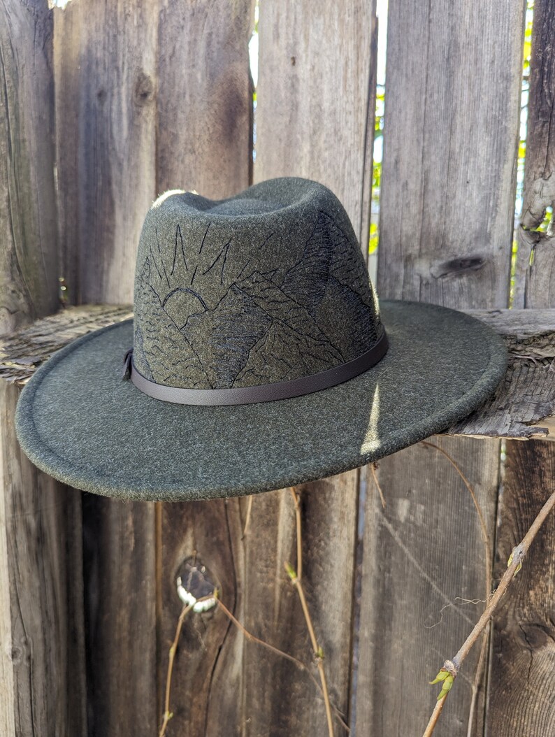 Wide Brim Hat With Pyrography Burned With Mountain Design - Etsy