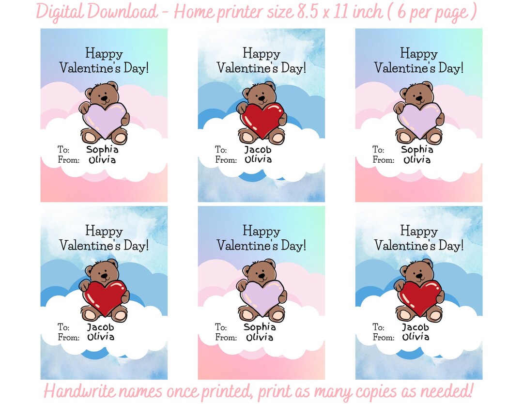 Kids Valentine's Cards for School, Printable, Classroom Exchange, Teddy ...
