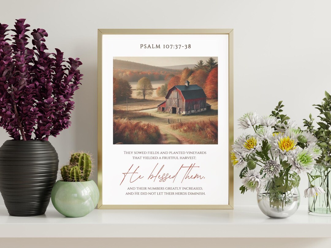 Psalm 107:37-38 Printable Wall Art, Rustic Red Barn Harvest Scene ...